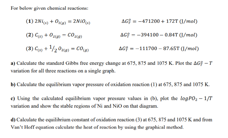 Solved For below given chemical reactions: (1) 2Ni(s) + | Chegg.com