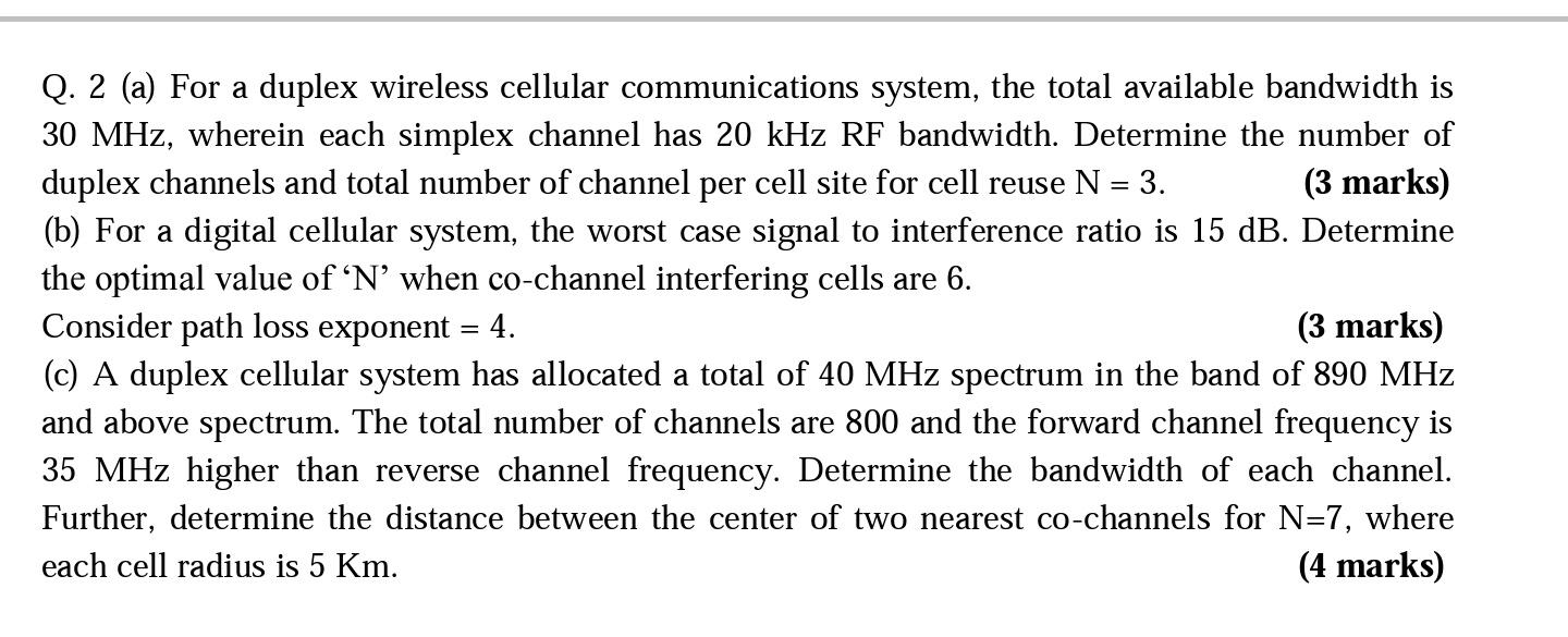 Q. 2 (a) For a duplex wireless cellular | Chegg.com
