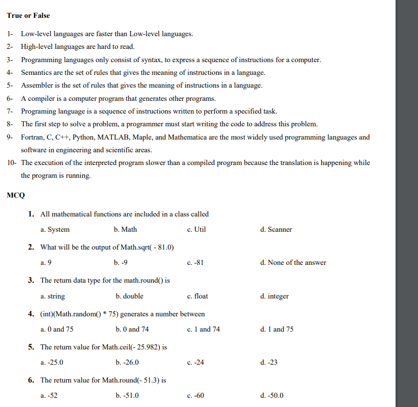 Solved True or False 1- Low-level languages are faster than | Chegg.com