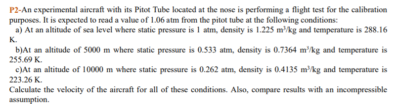 Solved An experimental aircraft with its Pitot Tube located | Chegg.com
