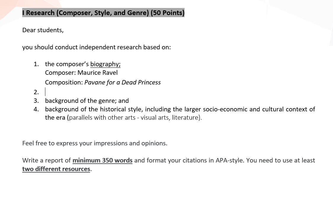 I Research (Composer, Style, and Genre) (50 Points) | Chegg.com