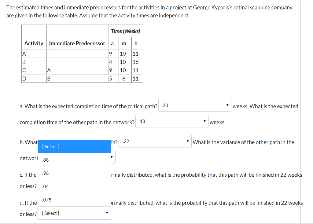 Solved The estimated times and immediate predecessors for | Chegg.com