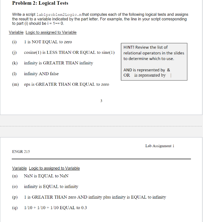 Solved Problem 2: Logical TestsWrite a script | Chegg.com