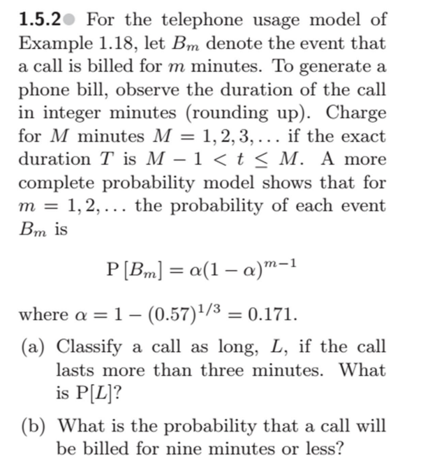 Solved 1.5.2 For the telephone usage model of Example 1.18 , | Chegg.com