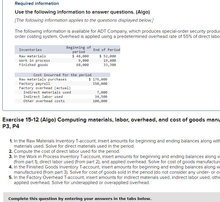 Exercise 15-12 (Algo) ﻿Computing materials, labor, | Chegg.com