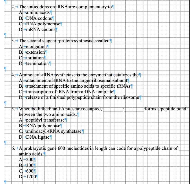 Solved The anticodons on tRNA are complementary to A. amino | Chegg.com