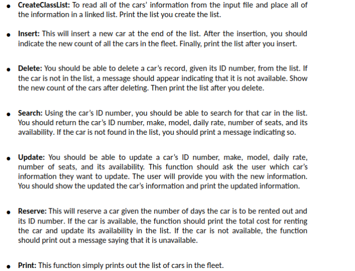 Solved CreateClassList: To read all of the cars' information | Chegg.com