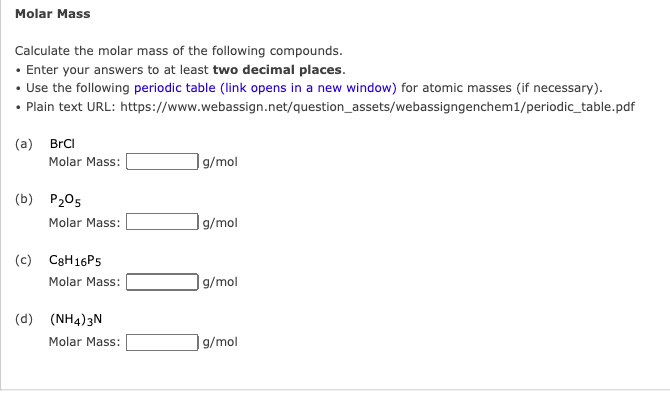 Solved Calculate the molar mass of the following compounds. | Chegg.com