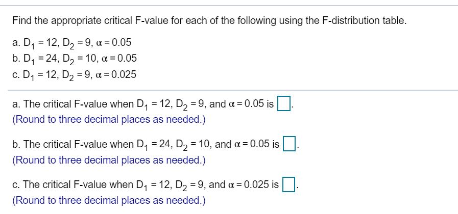 Solved Find the appropriate critical F-value for each of the | Chegg.com