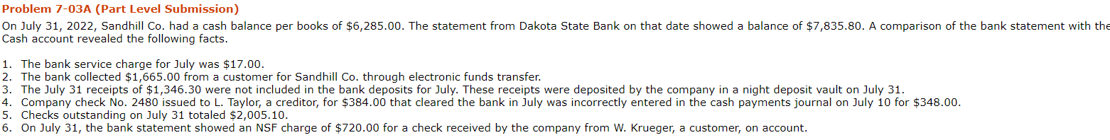 Solved Problem 7-03A (Part Level Submission) On July 31, | Chegg.com