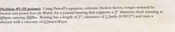 Solved Using Petroff's equation, estimate friction factor, | Chegg.com