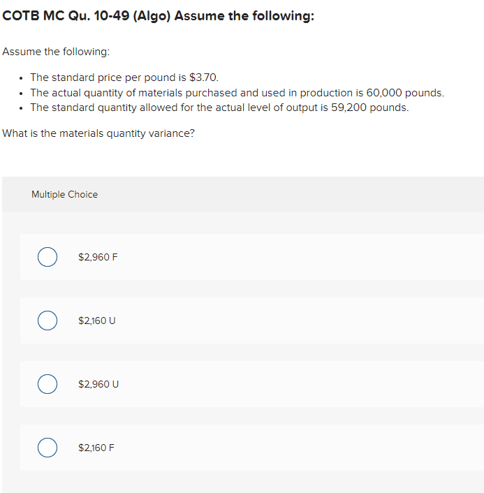 Solved COTB MC Qu. 10-49 (Algo) Assume the following: Assume | Chegg.com