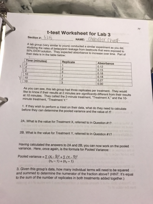 Solved t-test Worksheet for Lab 3 Section#: 525 NAME: | Chegg.com