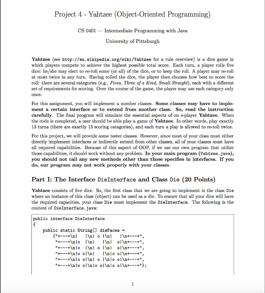 Project 4 - Yahtzee (Object-Oriented Programming) CS | Chegg.com