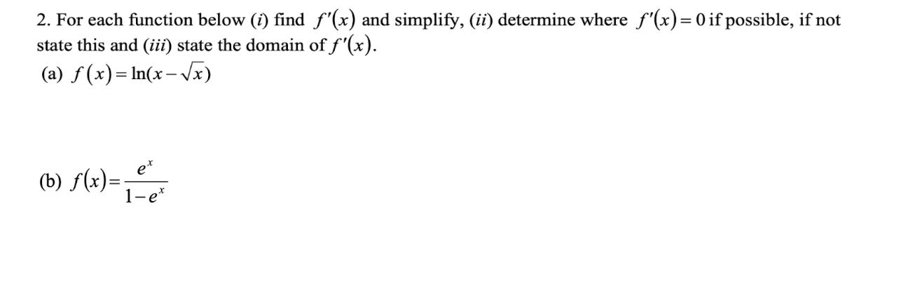 Solved 2. For each function below (i) find f′(x) and | Chegg.com
