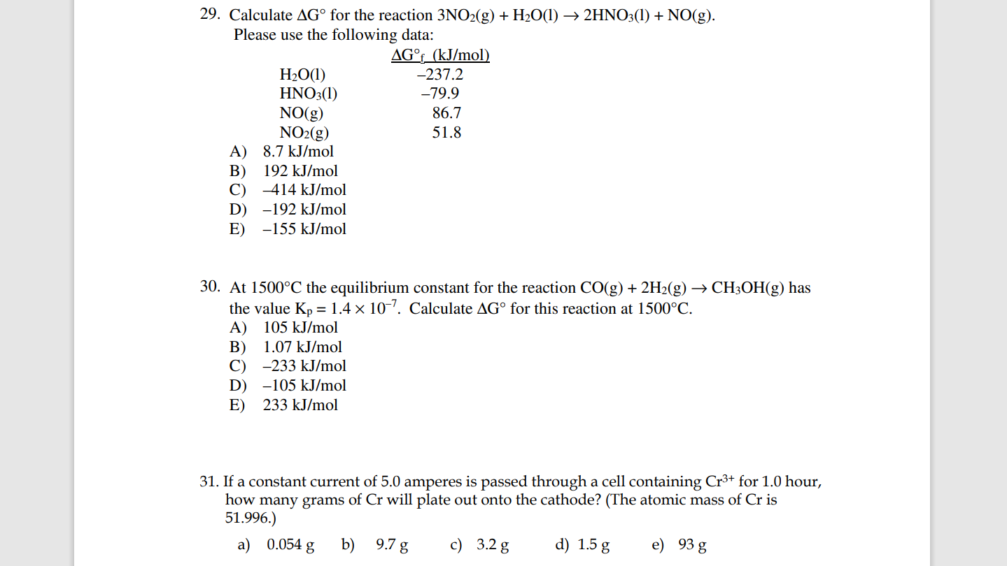 Solved 29. Calculate AGº for the reaction 3NO2(g) + H2O(l) → | Chegg.com