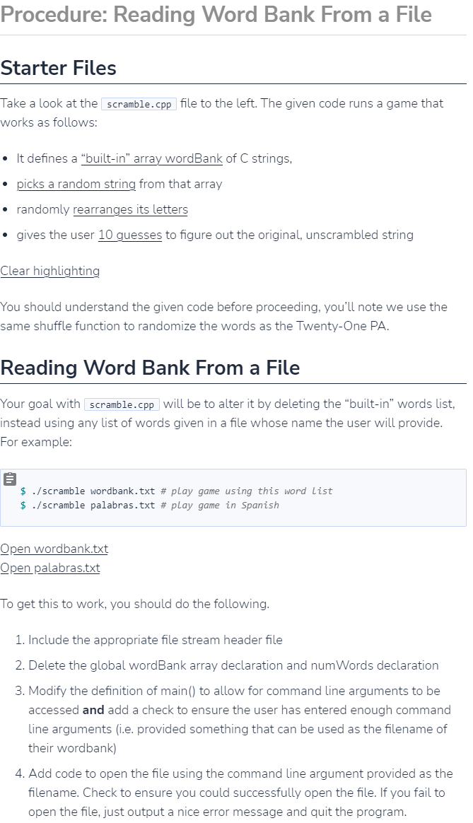 Solved Procedure: Reading Word Bank From a File Starter | Chegg.com