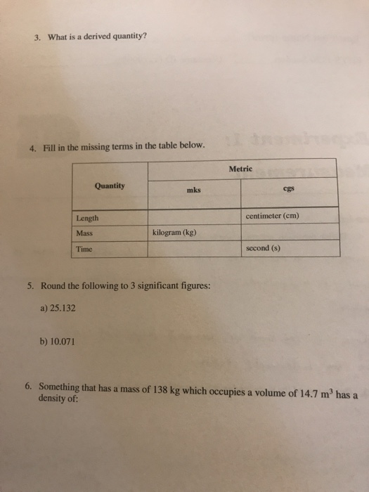 Solved 3. What is a derived quantity? 4. Fill in the missing | Chegg.com