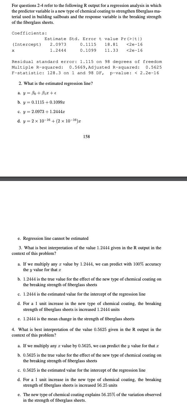Solved For questions 2-4 refer to the following R output for | Chegg.com