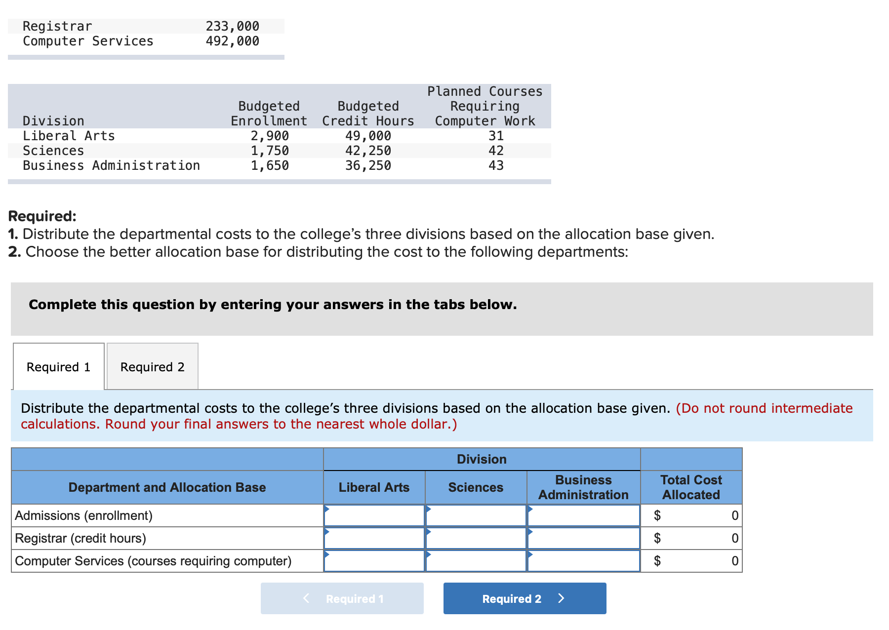 Required: 1. Distribute the departmental costs to the | Chegg.com