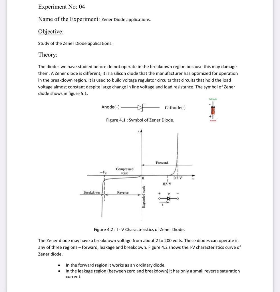 Solved Experiment No: 04 Name of the Experiment: Zener Diode | Chegg.com