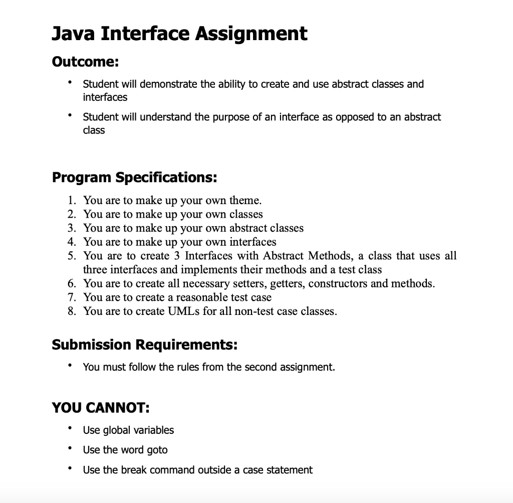 Java Interface Assignment Outcome: 'Student will | Chegg.com