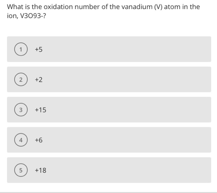 Solved What is the oxidation number of the vanadium (V) atom | Chegg.com