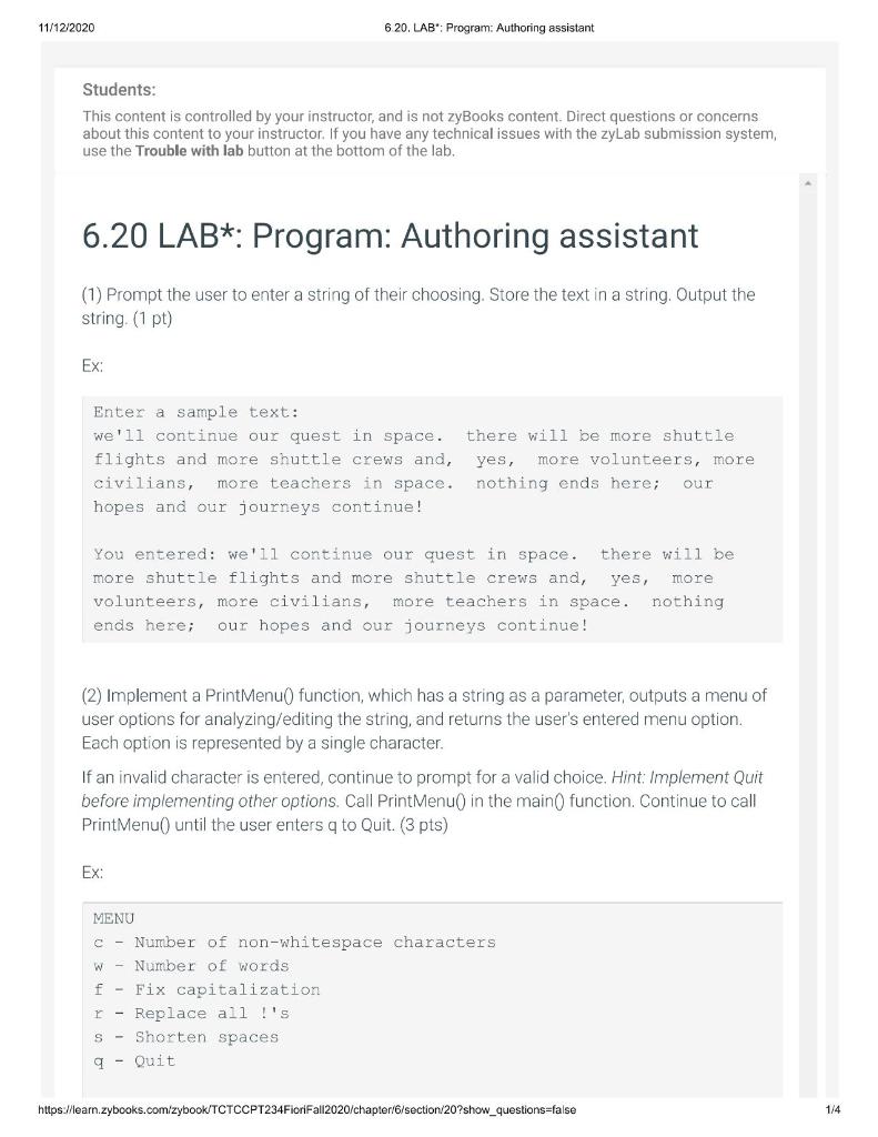 11/12/2020 6 20. LAB": Program: Authoring assistant | Chegg.com