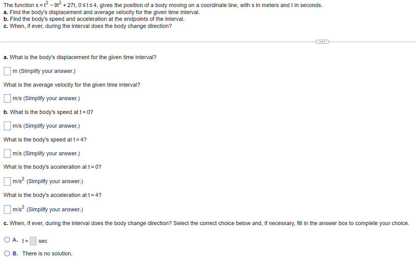 Solved The function s=t3−9t2+27t,0≤t≤4, gives the position | Chegg.com