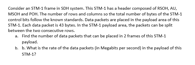 Consider an STM-1 frame in SDH system. This STM-1 has | Chegg.com