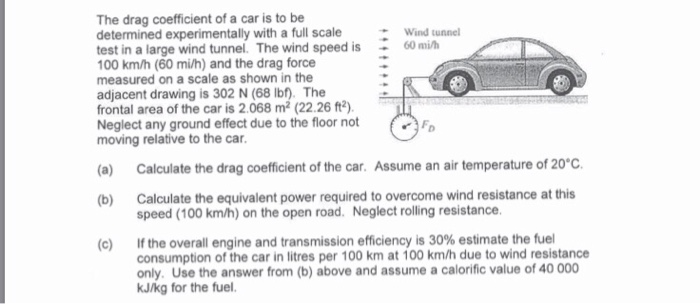 Solved The drag coefficient of a car is to be determined | Chegg.com