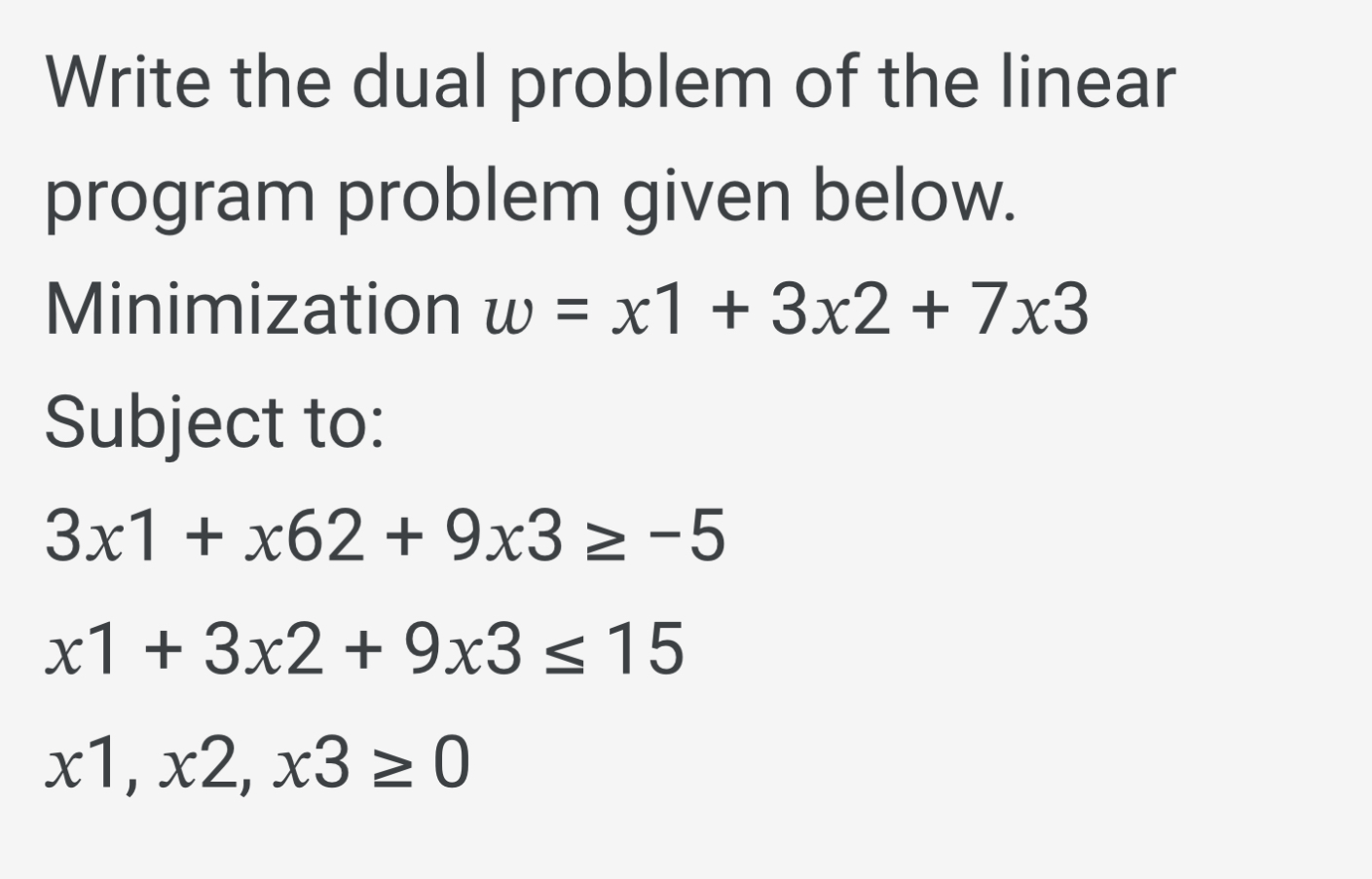Solved Write the dual problem of the linearprogram problem | Chegg.com