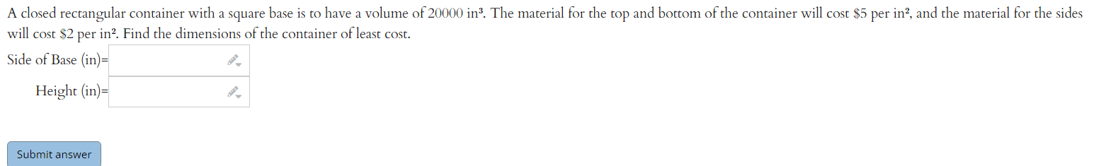 Solved A closed rectangular container with a square base is | Chegg.com | Chegg.com