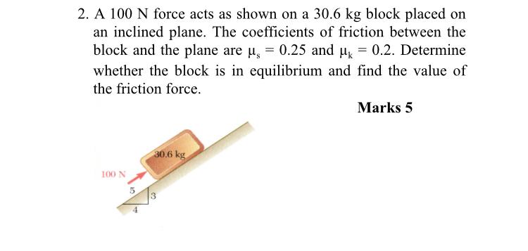 Solved 2. A 100 N force acts as shown on a 30.6 kg block | Chegg.com