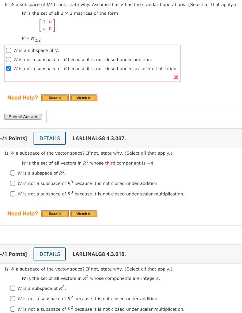 Solved Is W a subspace of V ? If not, state why. Assume that | Chegg.com