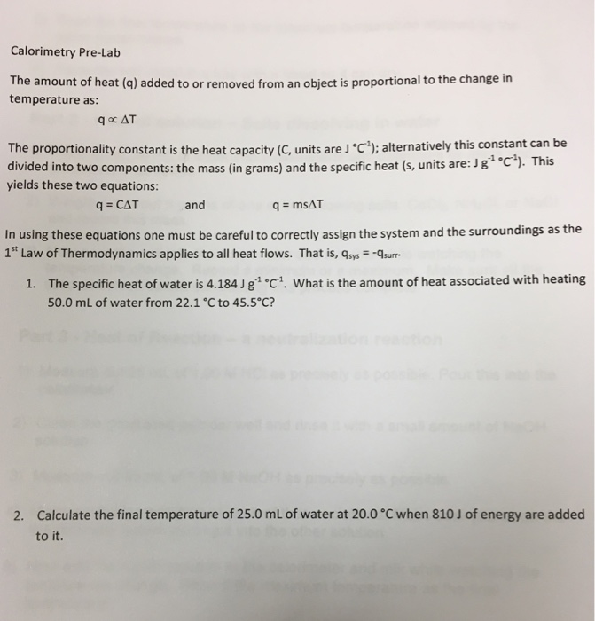 Solved Calorimetry Pre-Lab The amount of heat (q) added to | Chegg.com