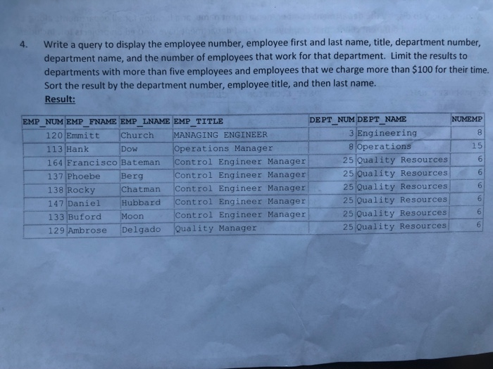 4. Write a query to display the employee number, | Chegg.com