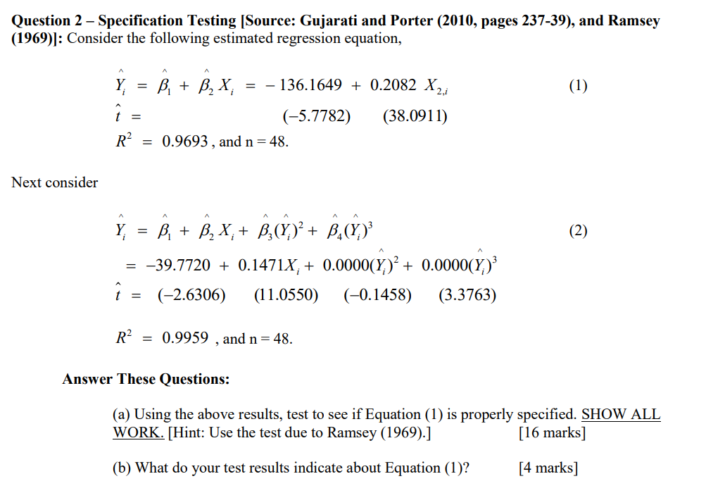 Question 2 - Specification Testing [Source: Gujarati | Chegg.com
