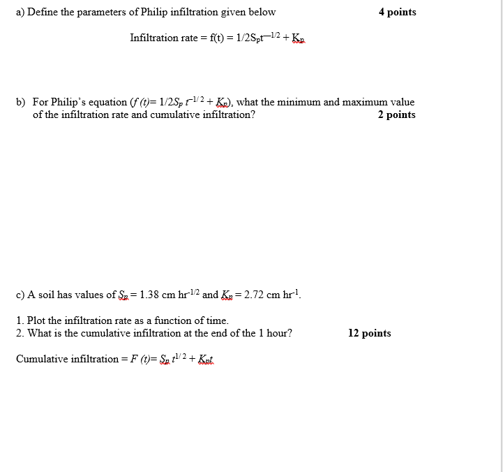 Solved a) Define the parameters of Philip infiltration given | Chegg.com