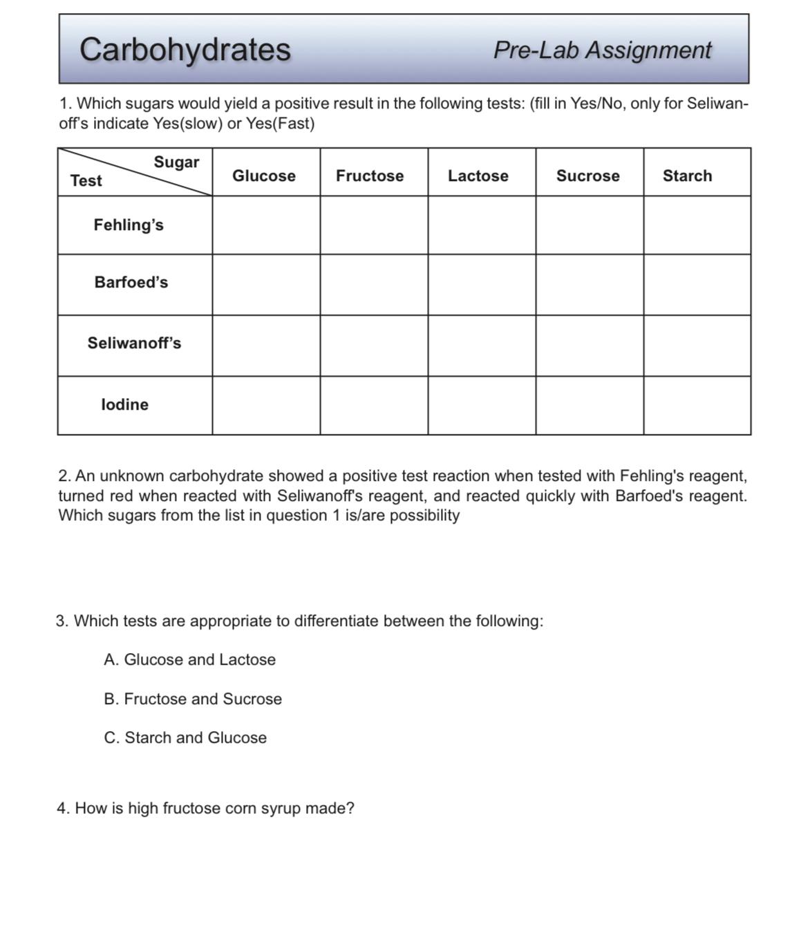 Solved Carbohydrates Pre-Lab Assignment 1. Which sugars | Chegg.com