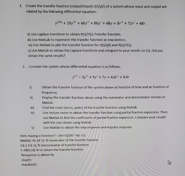 Solved Create the transfer function (output/Input) r(t)/y(t) | Chegg.com