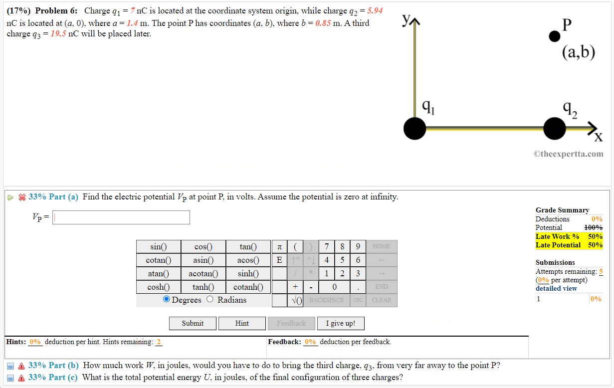 Solved (17\%) Problem 6: Charge q1=7nC is located at the | Chegg.com