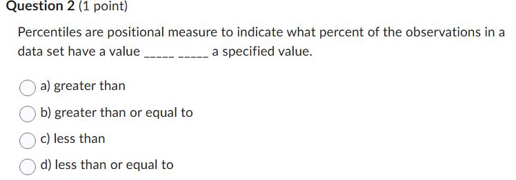 Solved Question 2 (1 ﻿point)Percentiles are positional | Chegg.com