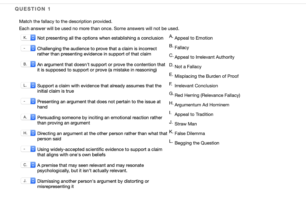 Solved QUESTION 1 Match the fallacy to the description | Chegg.com