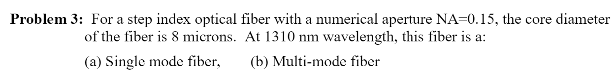 Solved Problem 3: For a step index optical fiber with a | Chegg.com