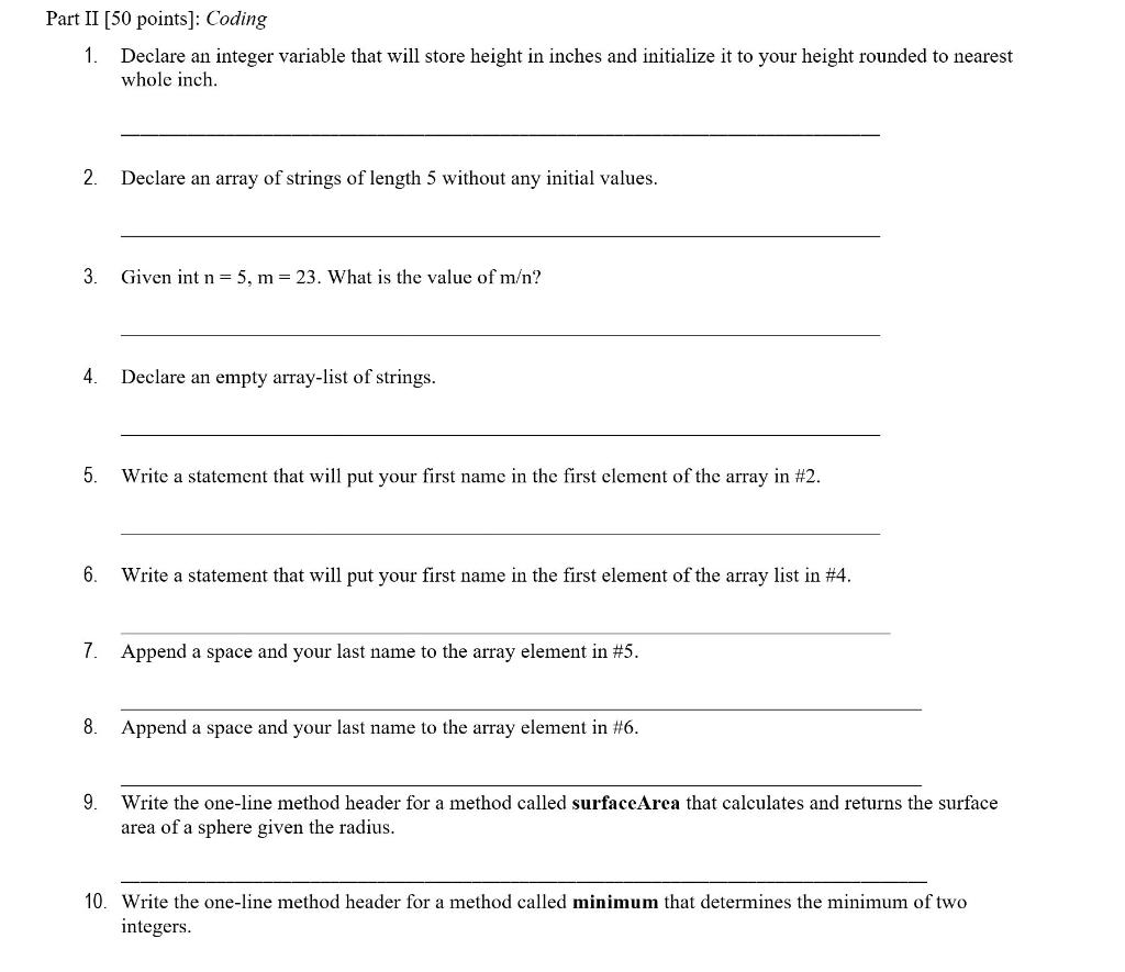 Solved Part II (50 points]: Coding 1. Declare an integer | Chegg.com