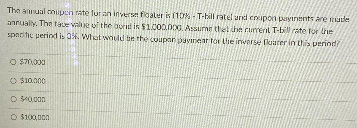 Solved The annual coupon rate for an inverse floater is (10% | Chegg.com