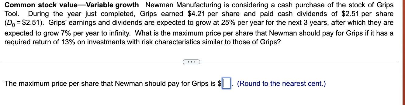 Solved Common stock value-Variable growth Newman | Chegg.com