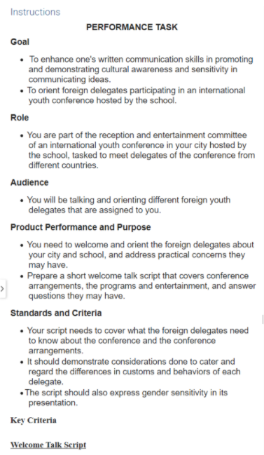 Instructions PERFORMANCE TASK Goal • To enhance one's | Chegg.com