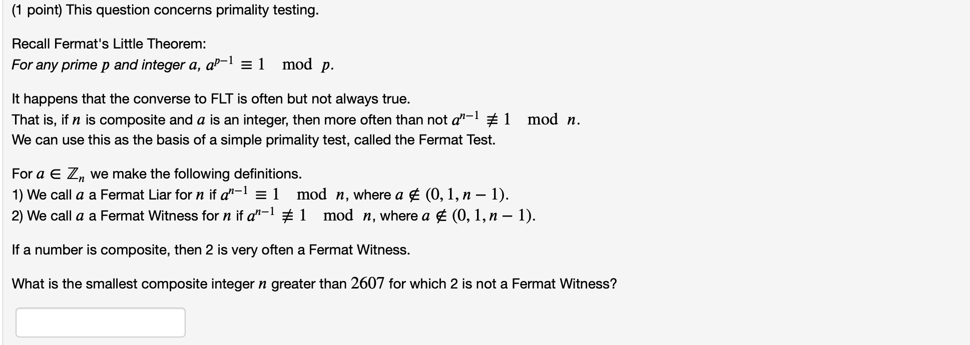 Solved (1 point) This question concerns primality testing. | Chegg.com